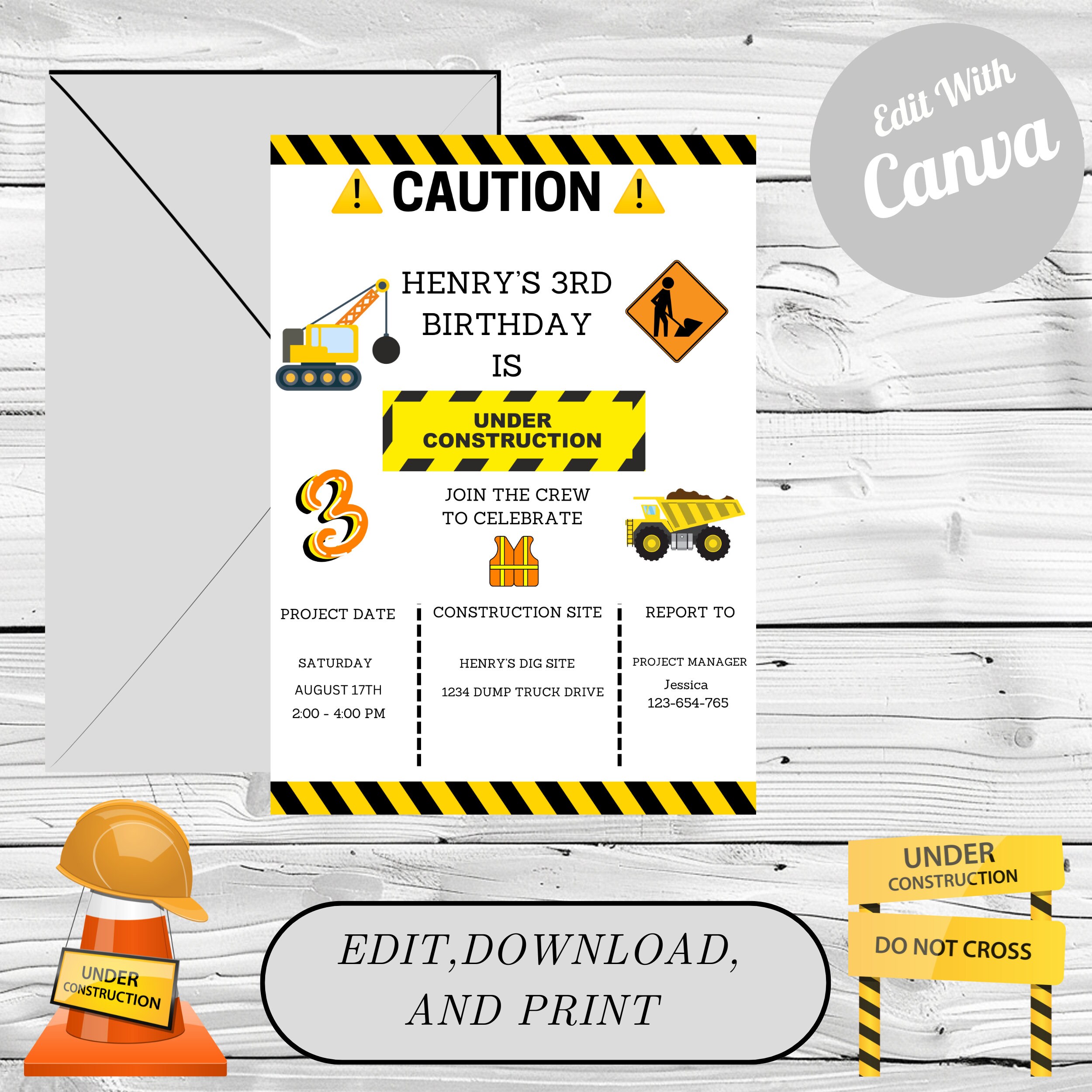 Editable Construction Invitation Birthday Invitation Printable Template ...