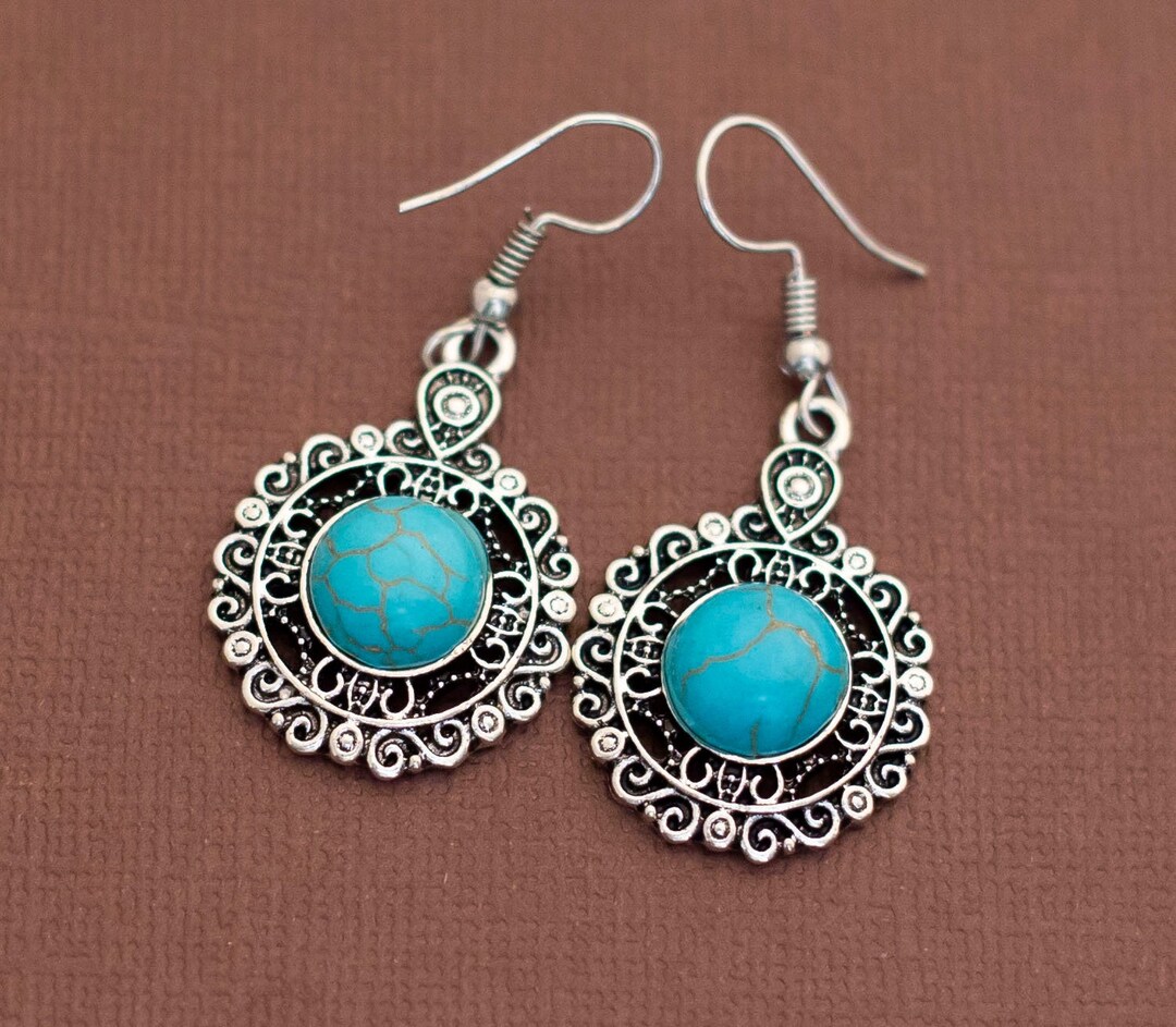 Vintage Teal Earth Art Nouveau Floral Dangle Earrings U1 - Etsy