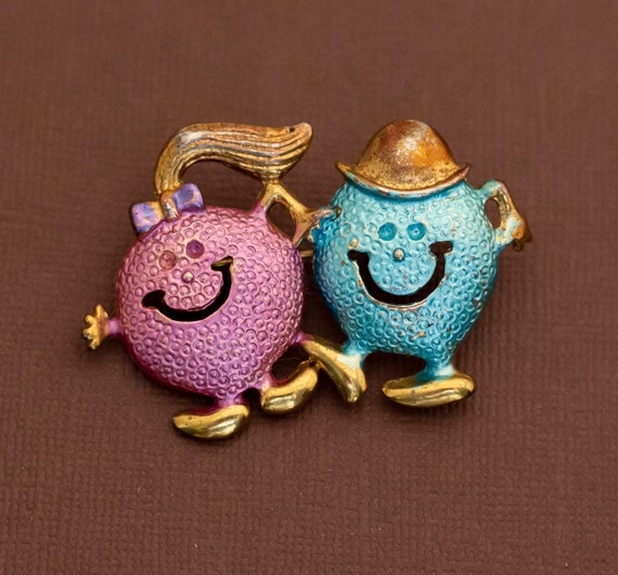 Vintage Pink & Blue Smiley Faces Adorable Dainty Broo… - Gem
