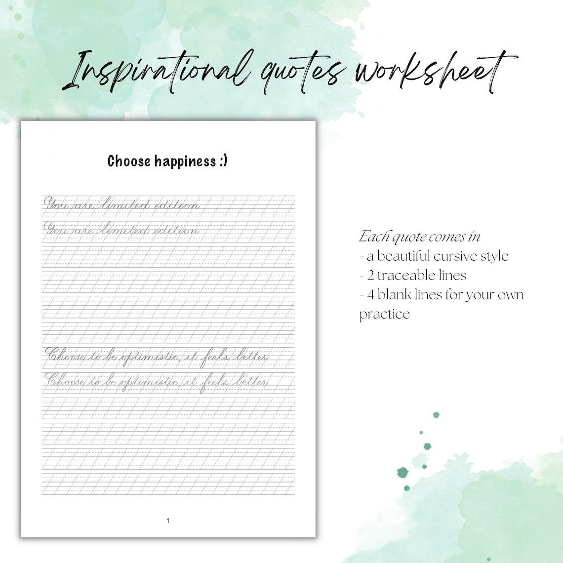Printable Cursive Writing Worksheet With Inspirational Quotes - Etsy