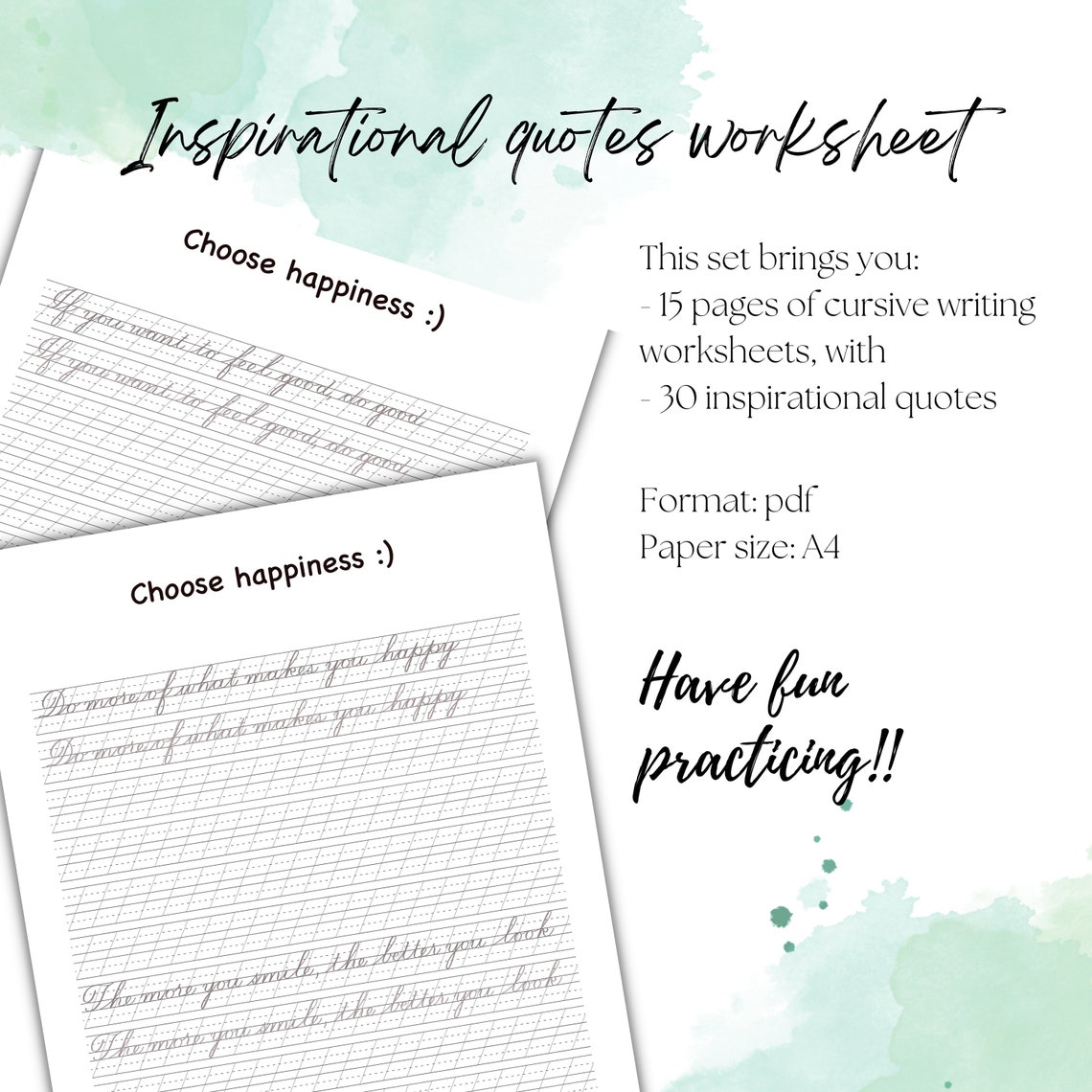 Printable Cursive Writing Worksheet With Inspirational Quotes - Etsy