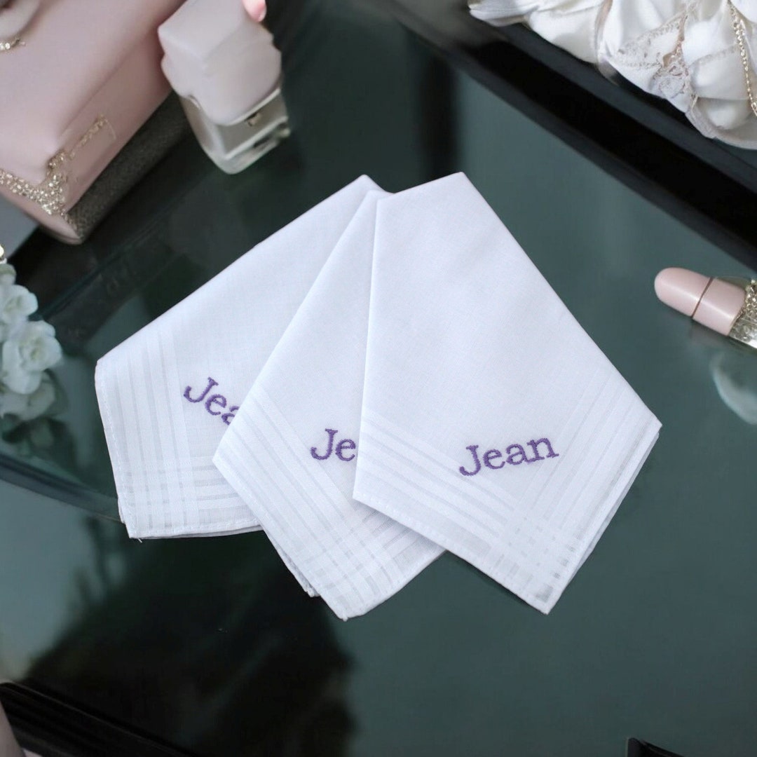 Personalised Ladies Handkerchiefs Gift Set of 3 White Cotton Hankies ...