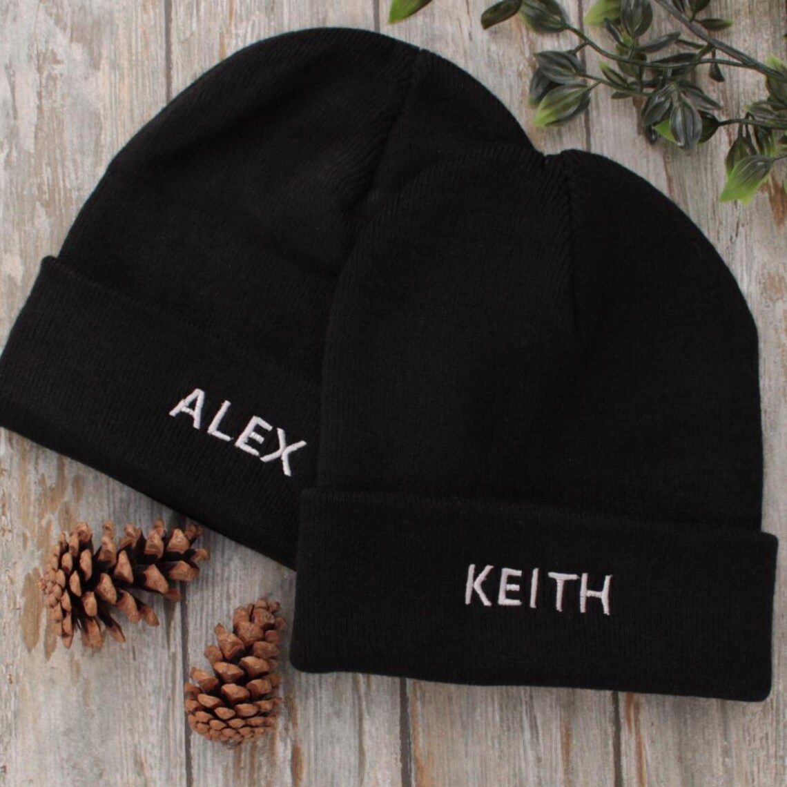 Personalised Beanie Hats Set - His and Hers Adult Knit Black Beanie ...