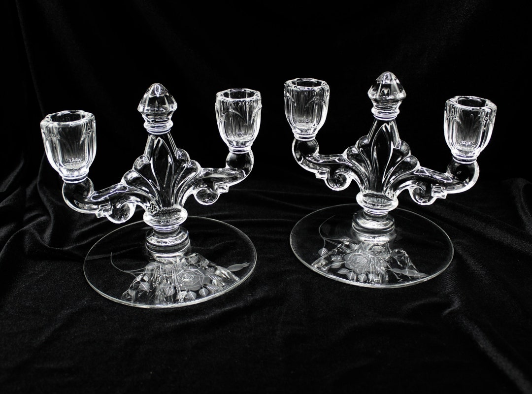 Vintage Heisey Trident Clear Glass Two Light Double Candle Holder: Cut ...