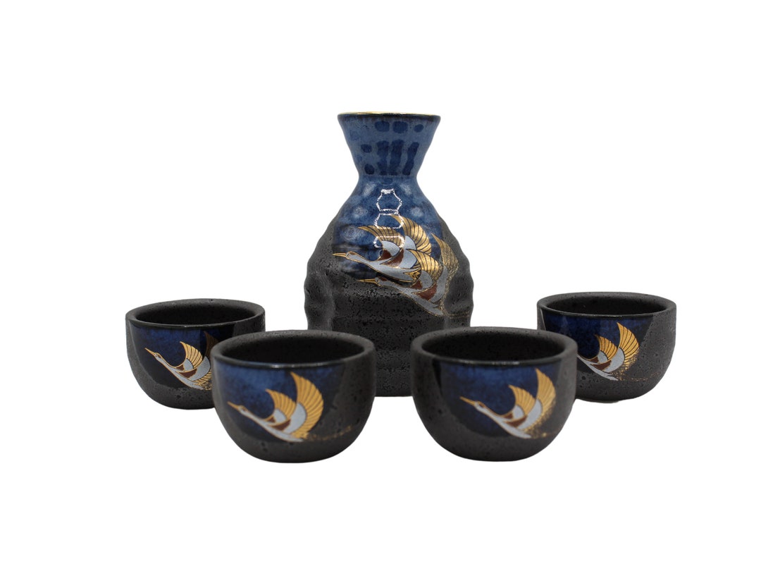 Vintage Japanese 5-piece Sake Set: Crane Bird Décor Gold Trim ...