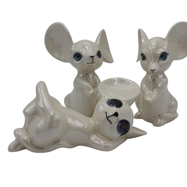 Vintage 1980s Whimsical Hand Painted Ceramic Mouse White Mice Figurines ...