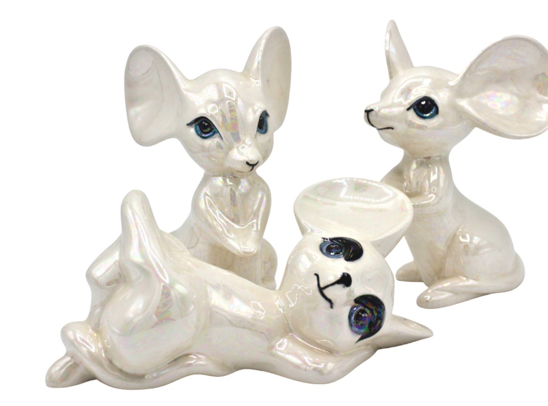 Vintage 1980s Whimsical Hand Painted Ceramic Mouse White Mice Figurines ...