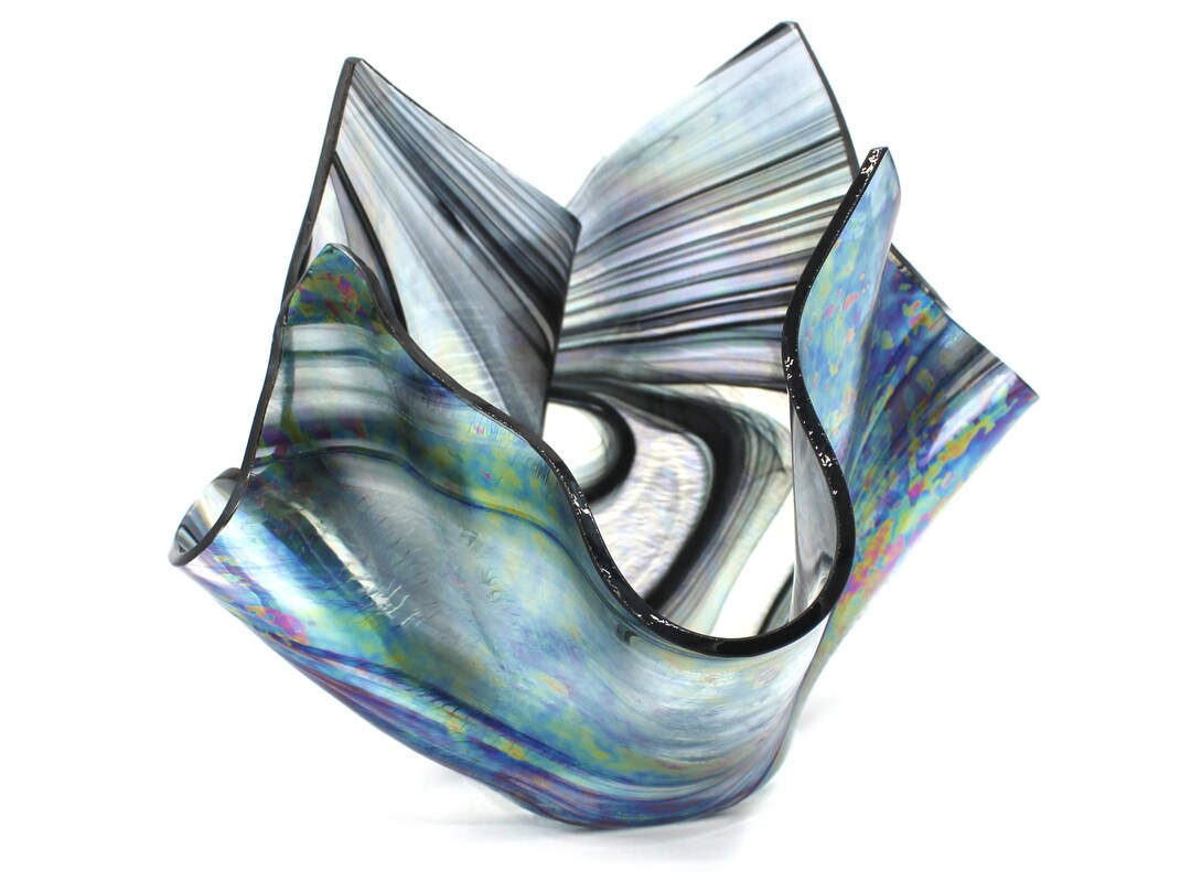 Modern Art Glass Handkerchief Design Candle Holder: Iridescent Blues ...