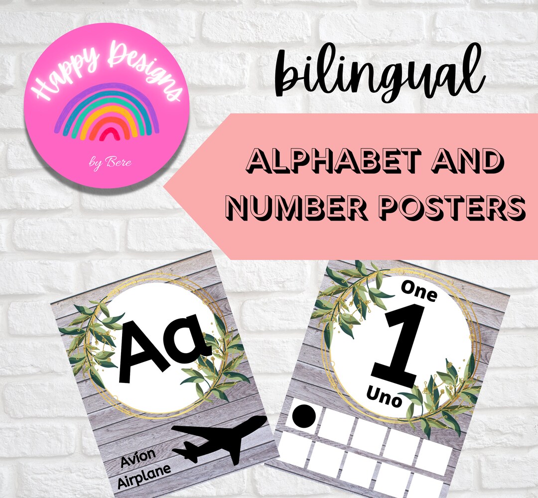 Bilingual Alphabet and Number Posters, Rustic Greenery Theme, Bonus ...