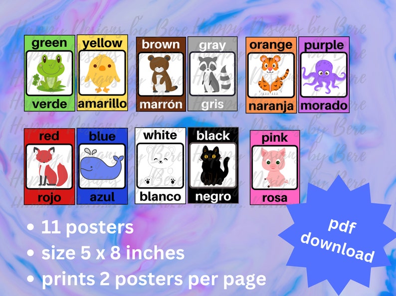 Bilingual Colors Posters Animal Theme, Dual-language Classroom, PDF ...