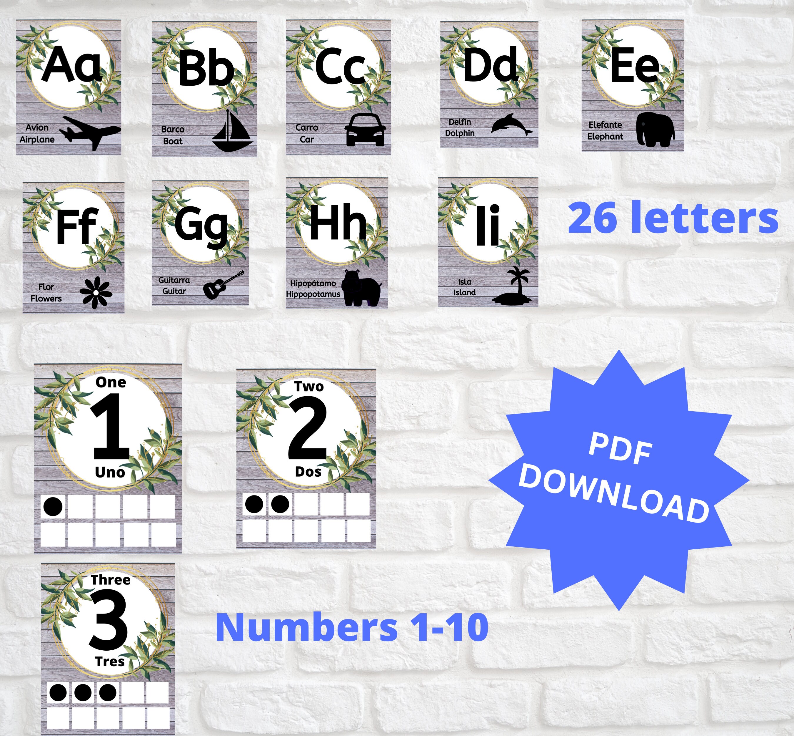 Bilingual Alphabet and Number Posters, Rustic Greenery Theme, Bonus ...