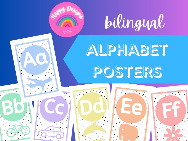 Bilingual Alphabet Posters in Rainbow Pastels Colors, Dual-language ...