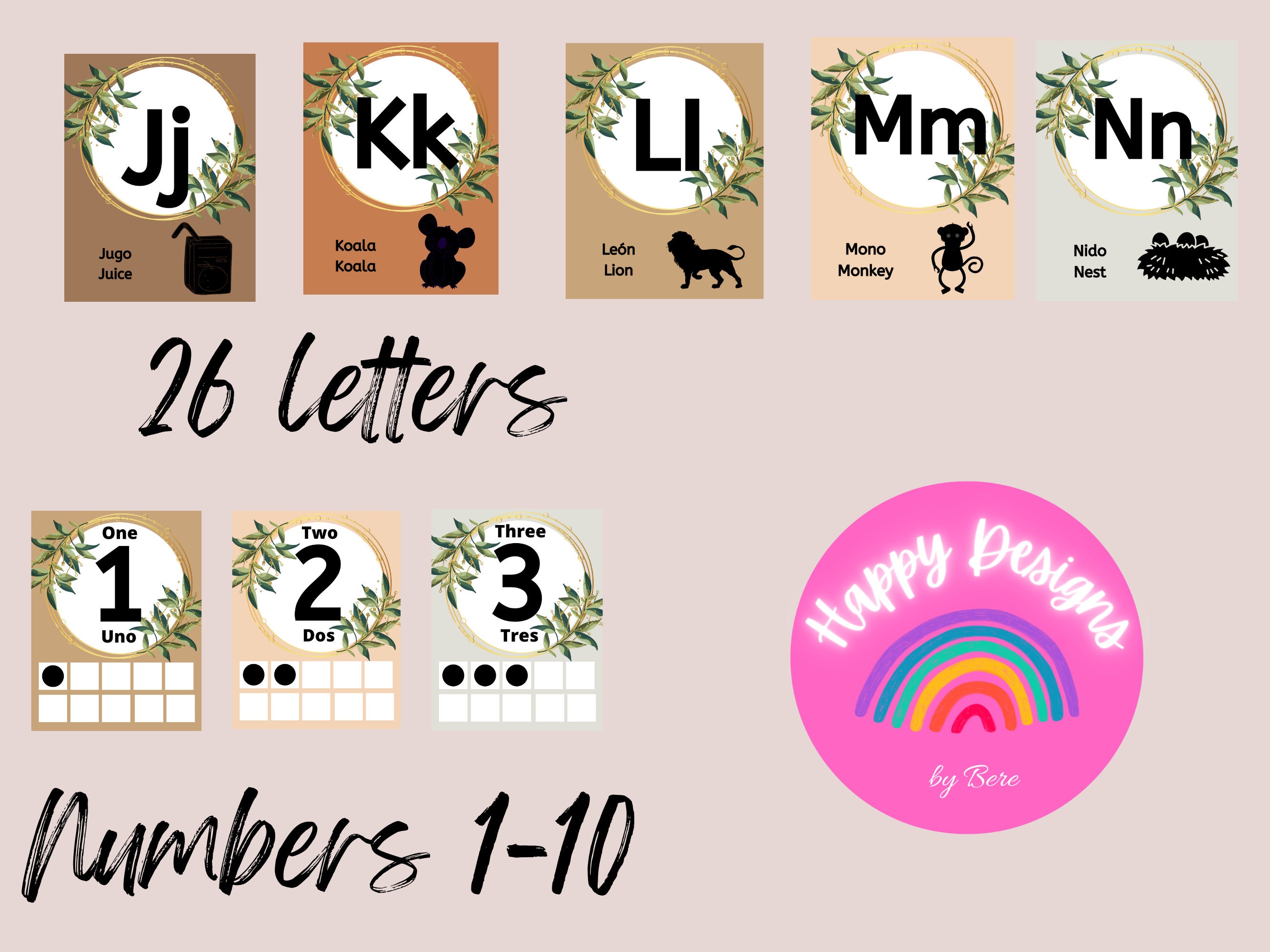 Bilingual Alphabet and Numbers in Neutral Colors With Greenery, Dual ...