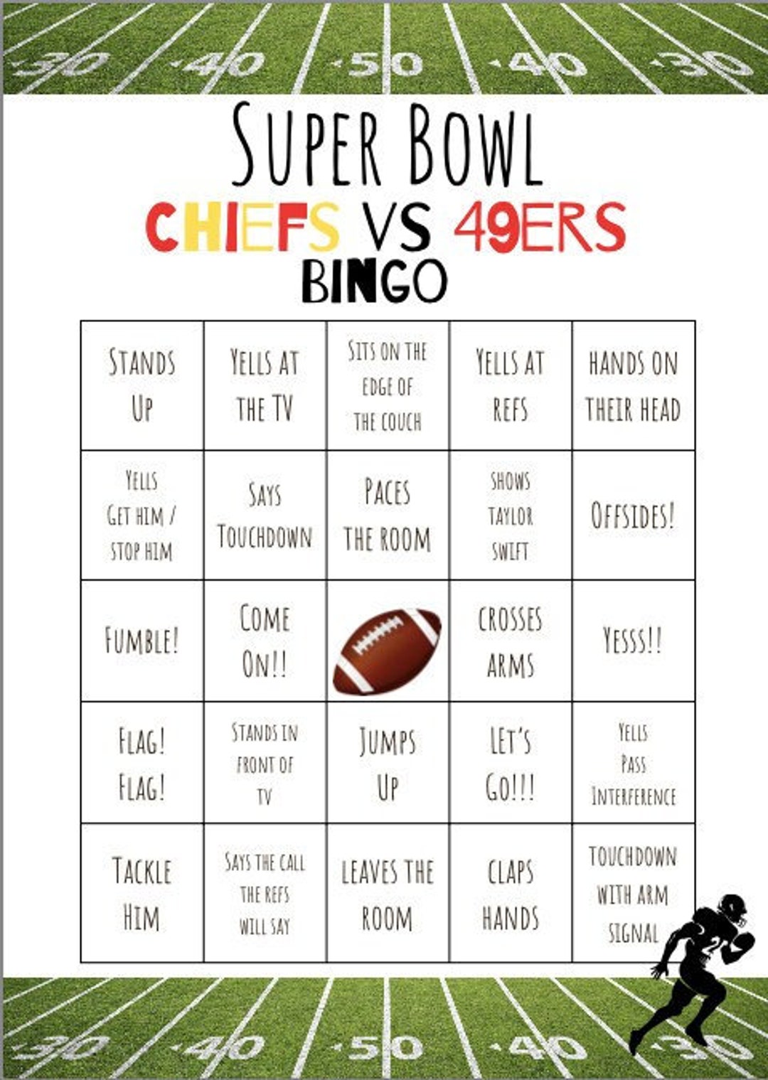 NFL Super Bowl Bingo Cards Chiefs Vs 49ers for the Friends, Girls ...