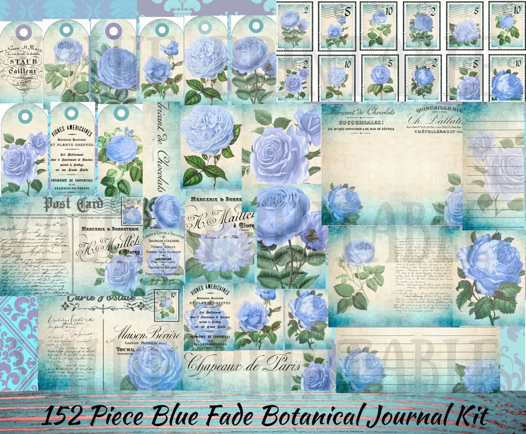 152 Piece Blue Fade Botanical Floral Junk Journal Kit Printable Pages ...