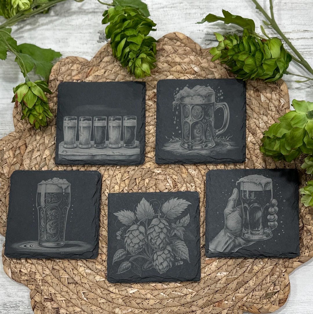 Laser Engraved Slate Stone Coasters - Beer Lover Gift Set or Individual ...