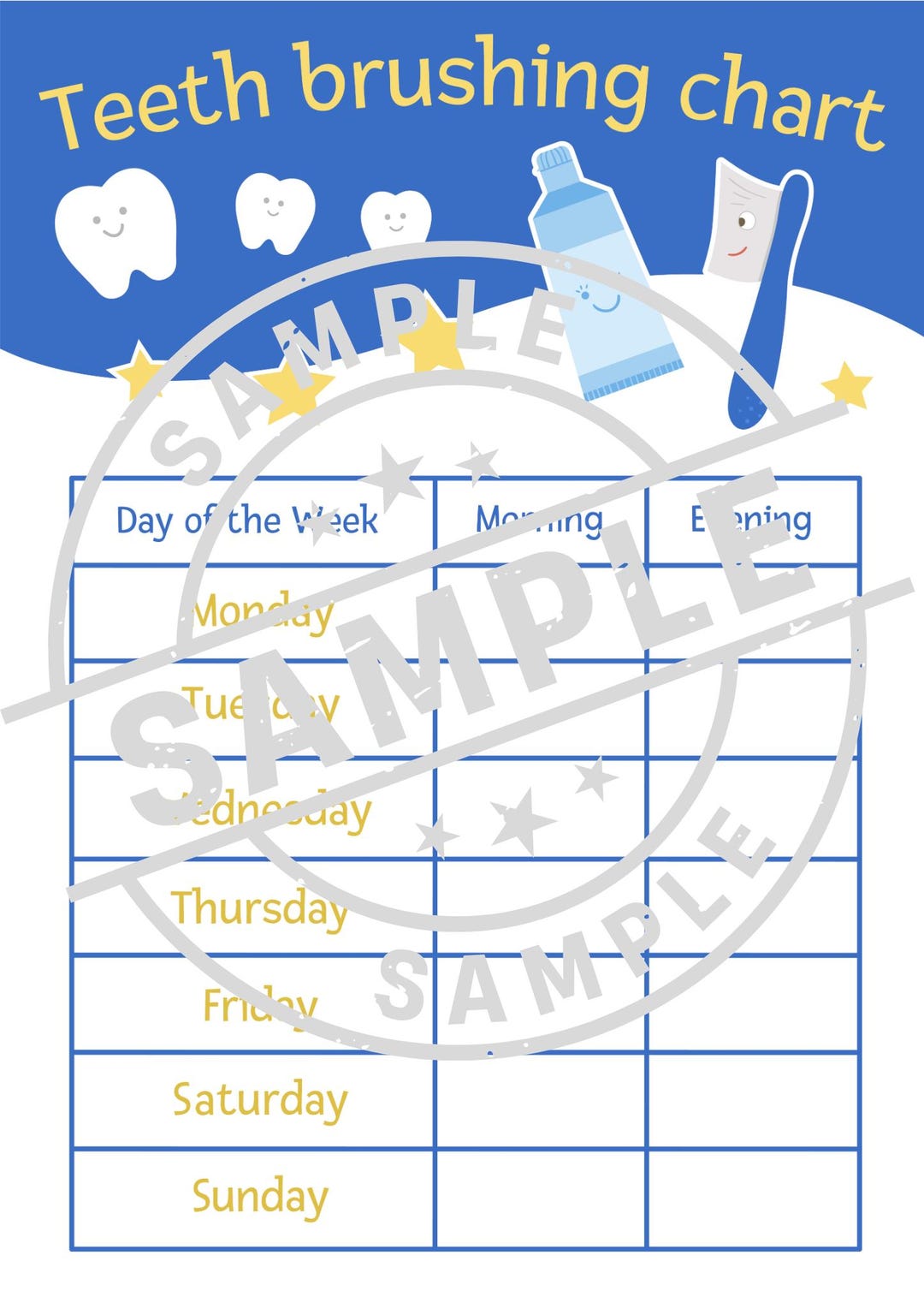 Tooth Brushing Weekly Reward Chart Blue Digital Download - Etsy