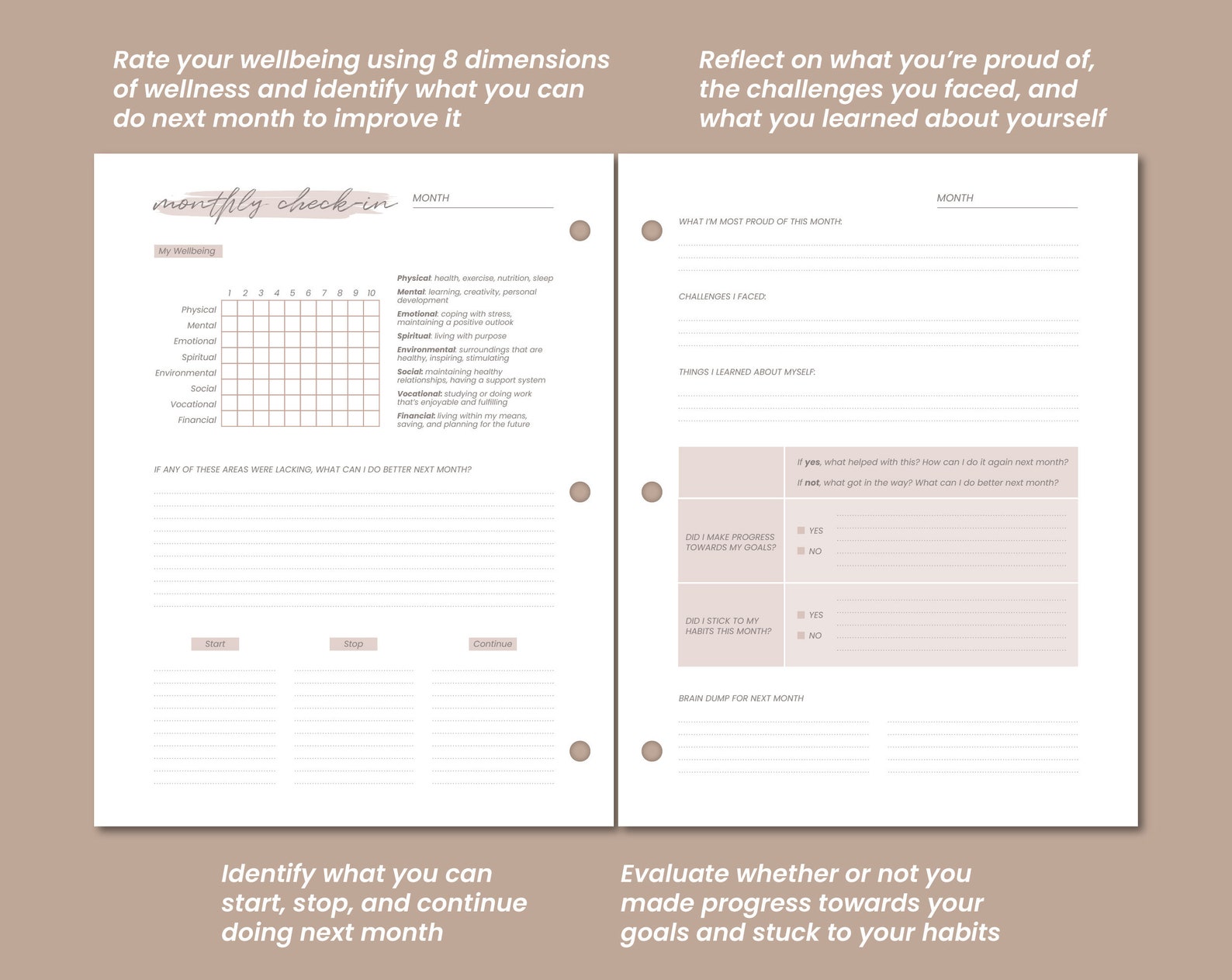 Minimalist Monthly Check-in Insert for Productivity and Wellbeing ...
