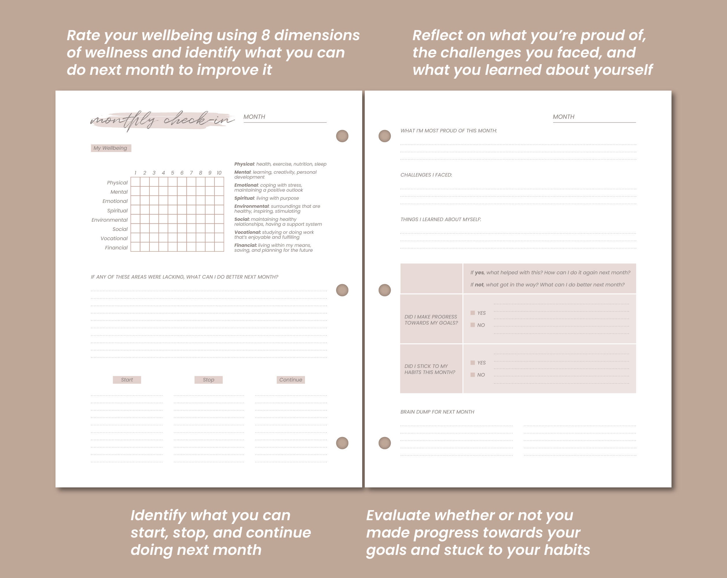 Minimalist Monthly Check-in Insert for Productivity and Wellbeing ...