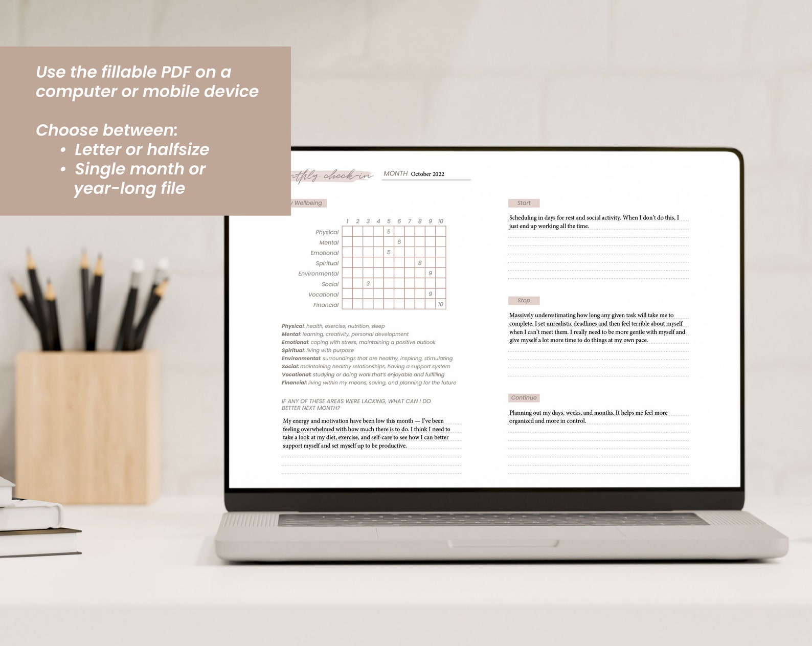 Minimalist Monthly Check-in Insert for Productivity and Wellbeing ...