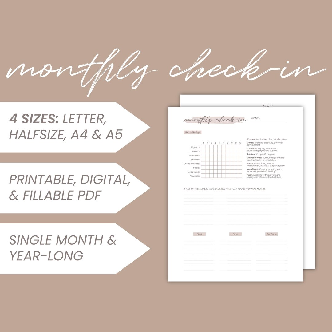 Minimalist Monthly Check-in Insert for Productivity and Wellbeing ...