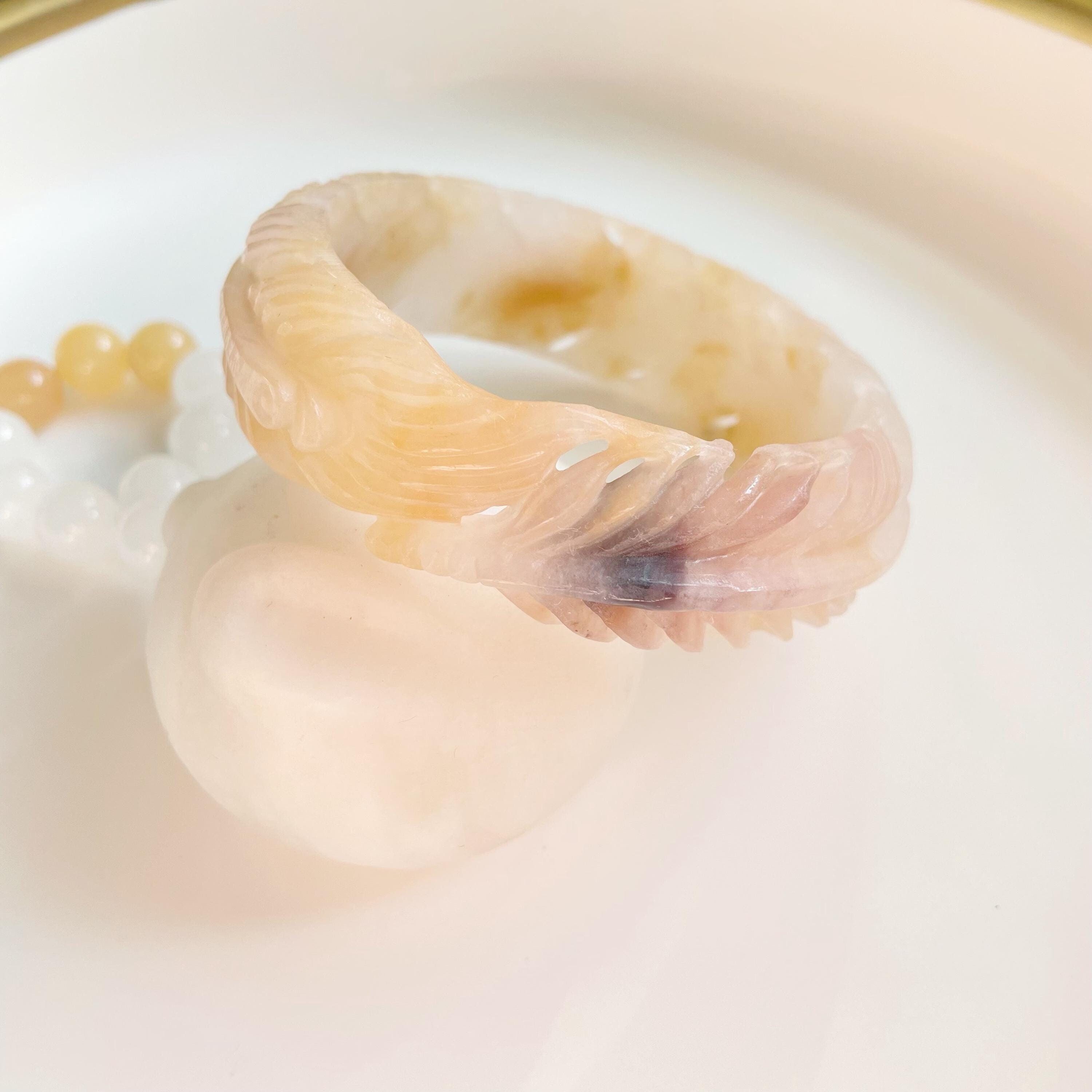 60mm Hand-sculpted Natural Quartzite Jade Bangle (jinsiyu/金丝玉), Feather ...