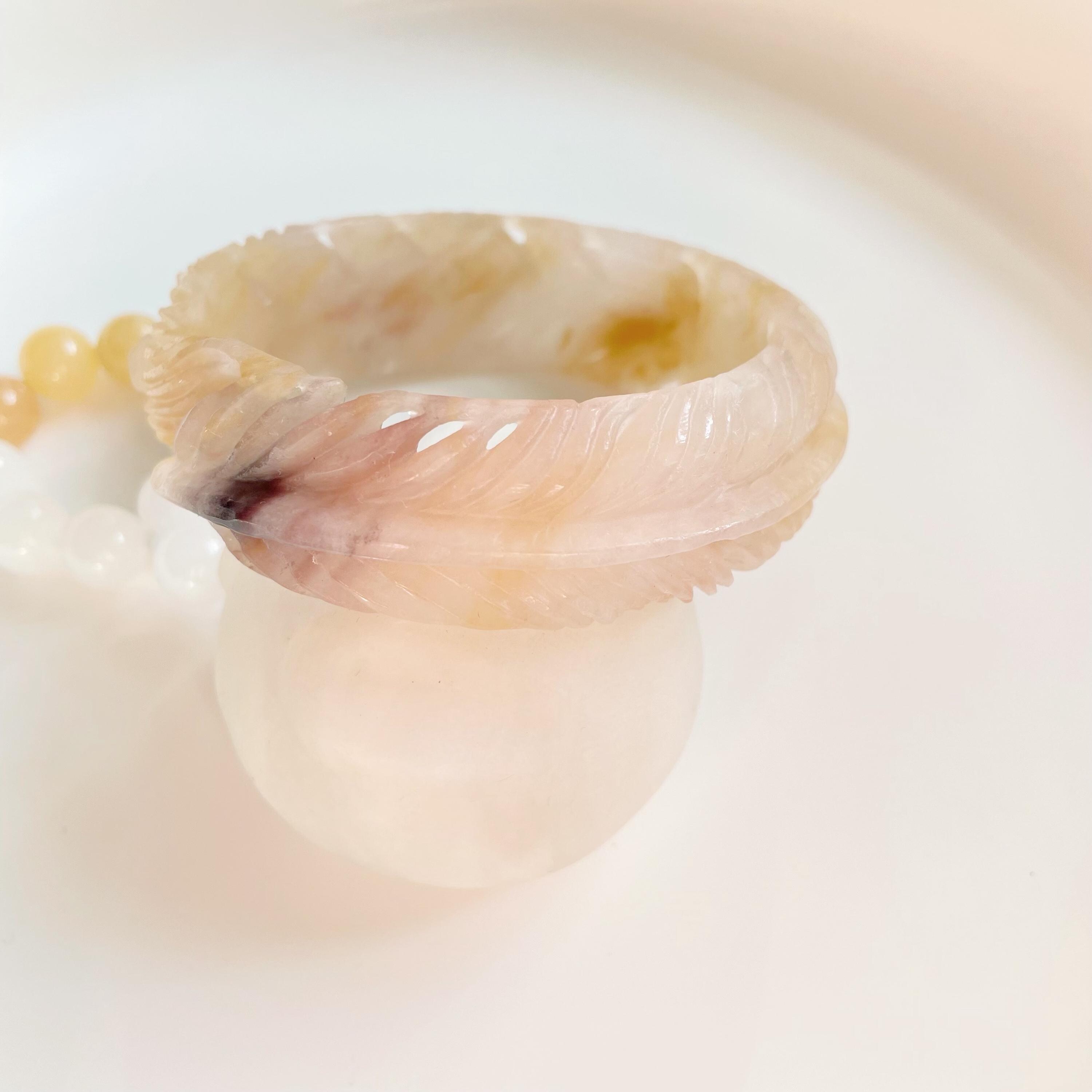 60mm Hand-sculpted Natural Quartzite Jade Bangle (jinsiyu/金丝玉), Feather ...