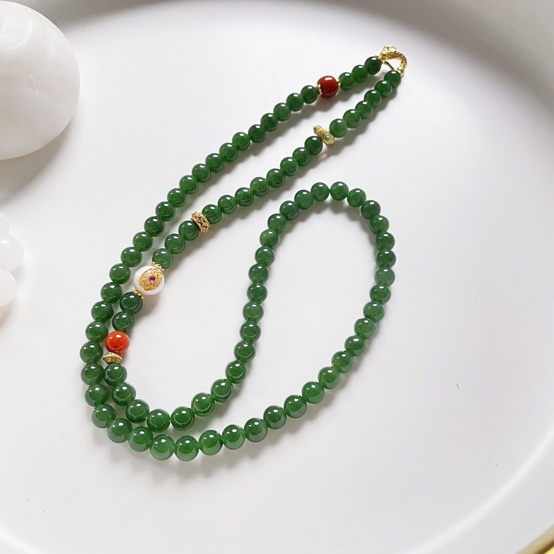 Certified Natural Russian Siberian Nephrite Jade Necklace, Bead Size 6mm, Length 22inch, S925 ...