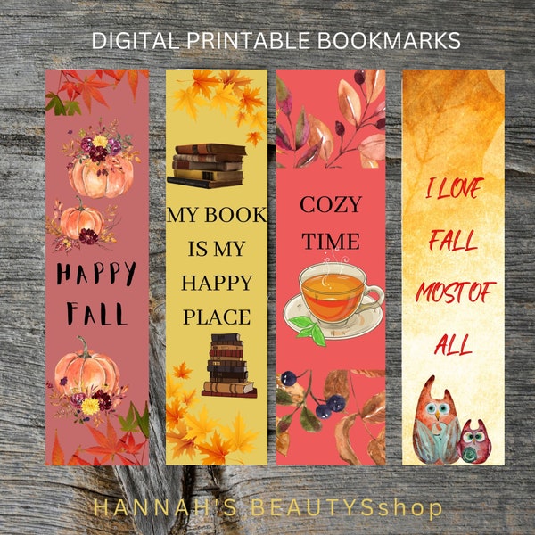 Fall Printable Bookmarks, Book Lover, Autumn Bookmarks, Set of 4 ...