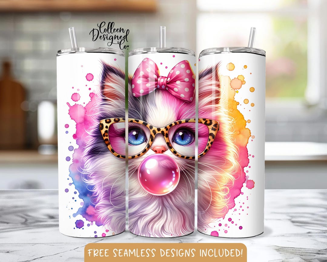 Bubblegum Cat 20oz Skinny Tumbler PNG Sublimation Designs, Seamless ...