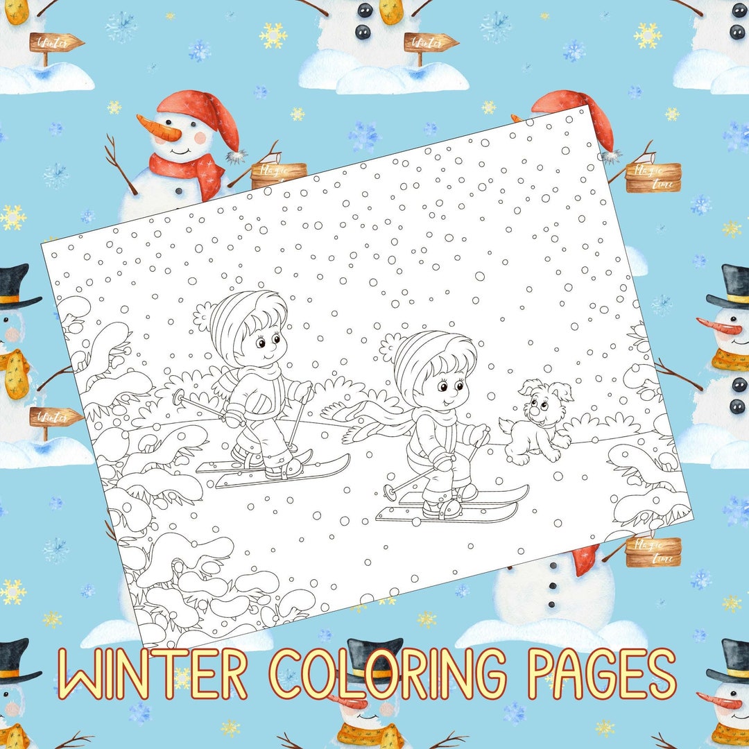 Winter Coloring Page Kids Skiing in the Snow - Etsy