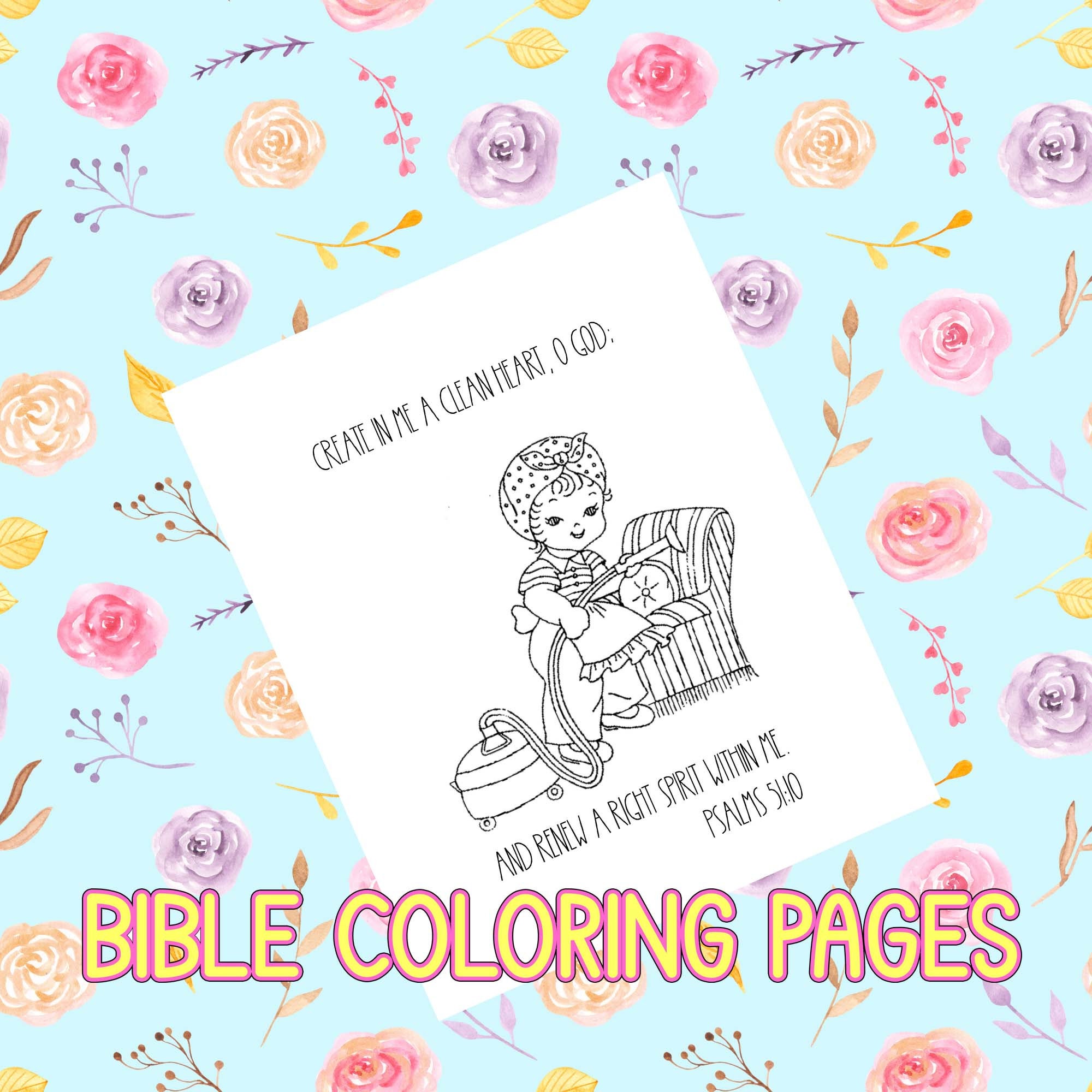 Set of Seven Bible Verse Coloring Pages of Vintage Girls Doing Daily ...