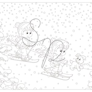 Winter Coloring Page Kids Skiing in the Snow - Etsy