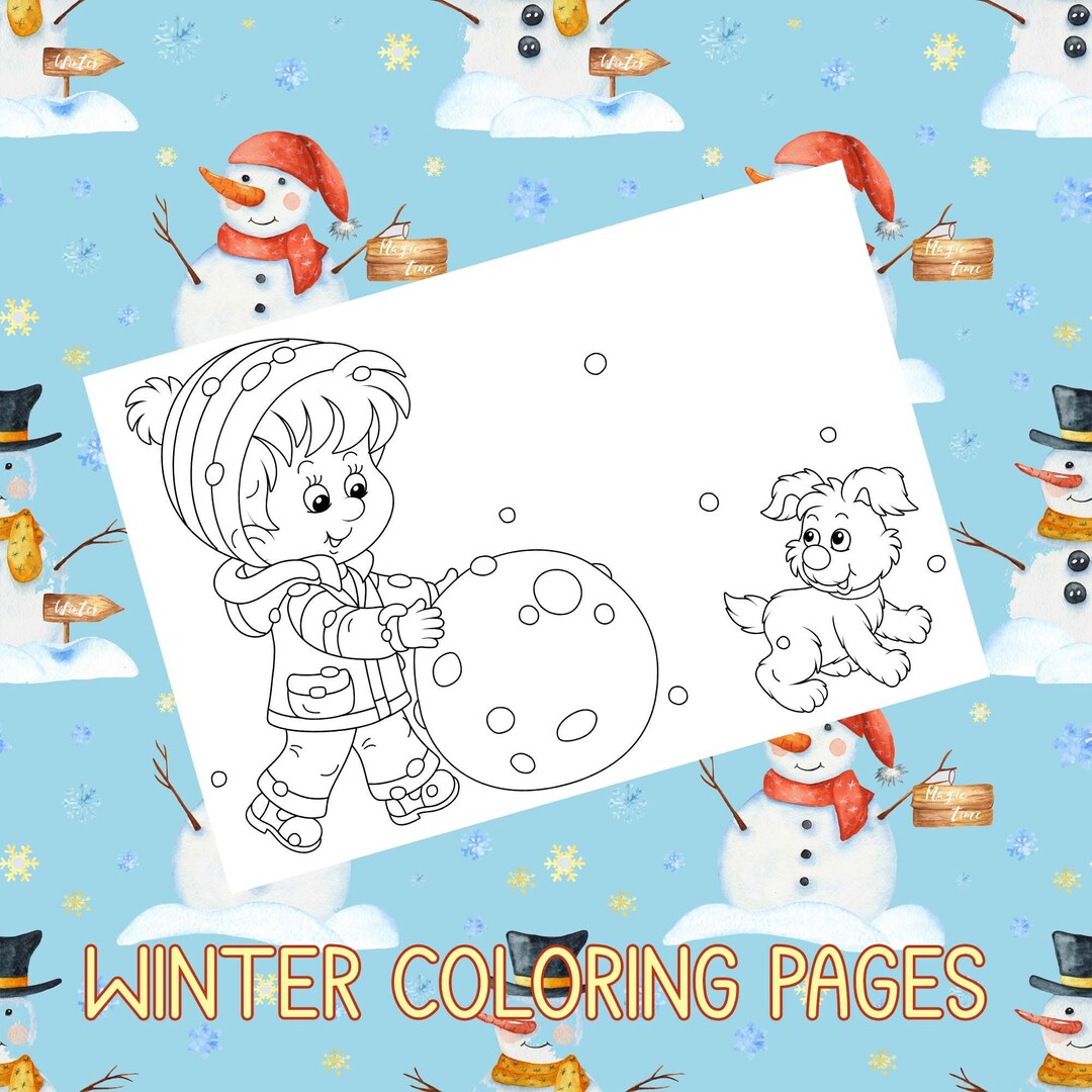 Winter Snow Fun Coloring Page Happy Boy Rolling a Snowball - Etsy