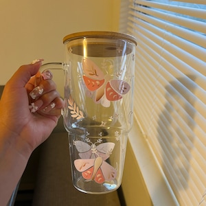 Butterfly Glass Cup, Large Glass With Handle, Summer Butterflies With ...
