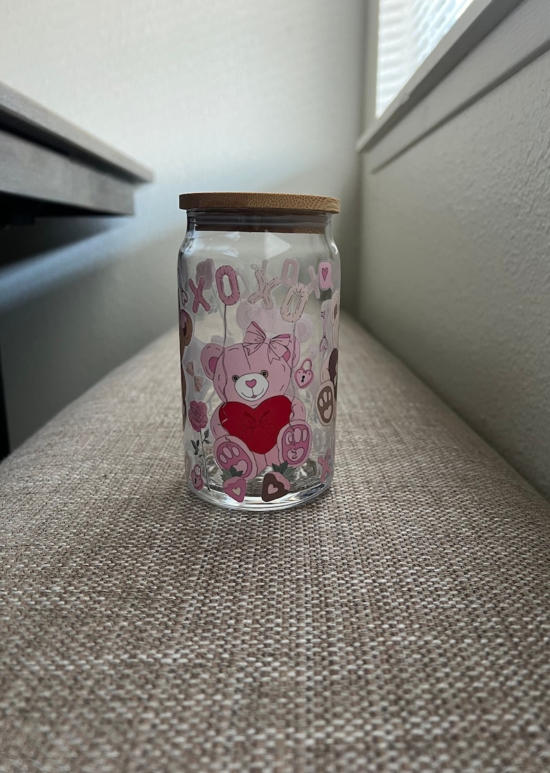 Pink Teddy Bears Iced Coffee Glass, Valentine's Day Glass Cup, Gifts ...