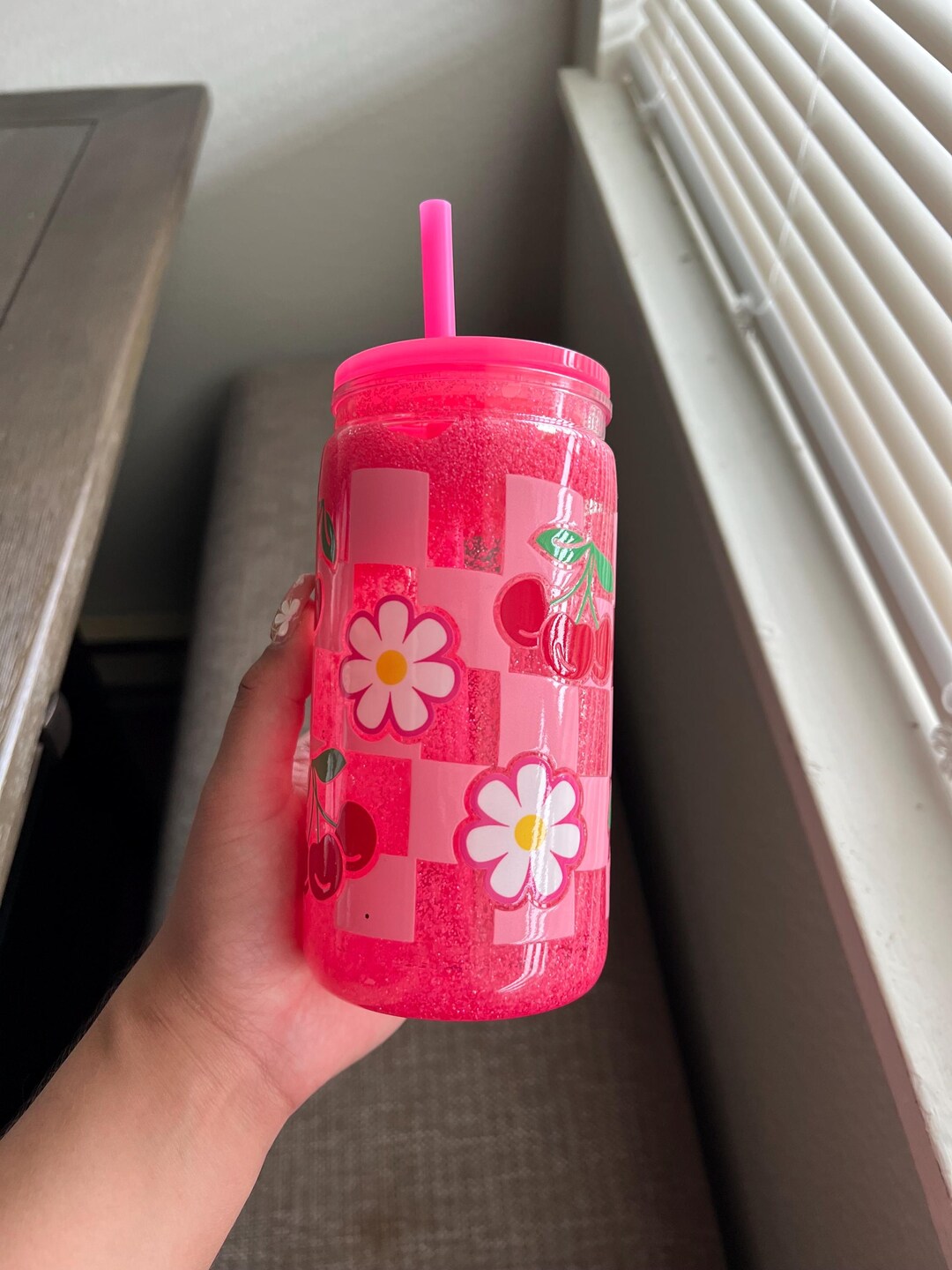 Glitter Striped Cherry Iced Coffee Glass, Cute and Trendy Stripe ...