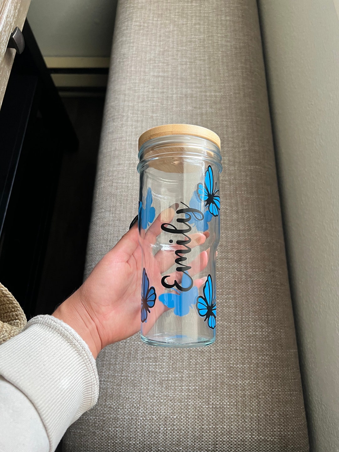 Personalized Butterfly Boba Glass Cup, Iced Coffee Glass With Lid and ...