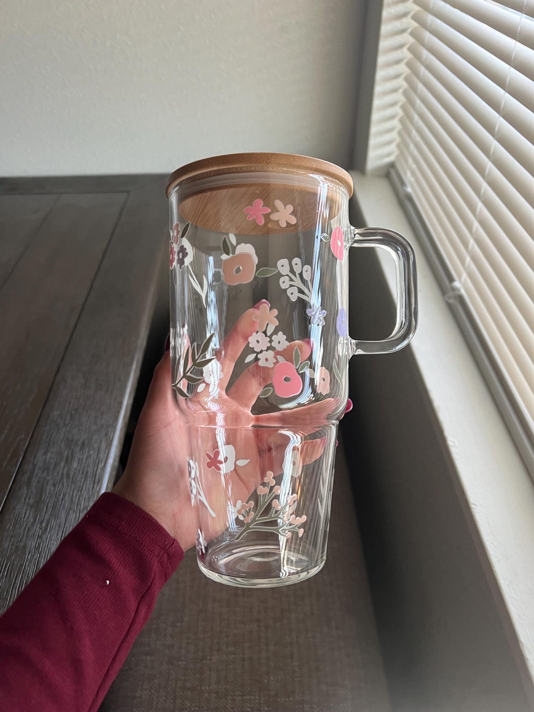 Floral Glass Cup, Large Glass With Handle, Trendy Cup With Lid and ...