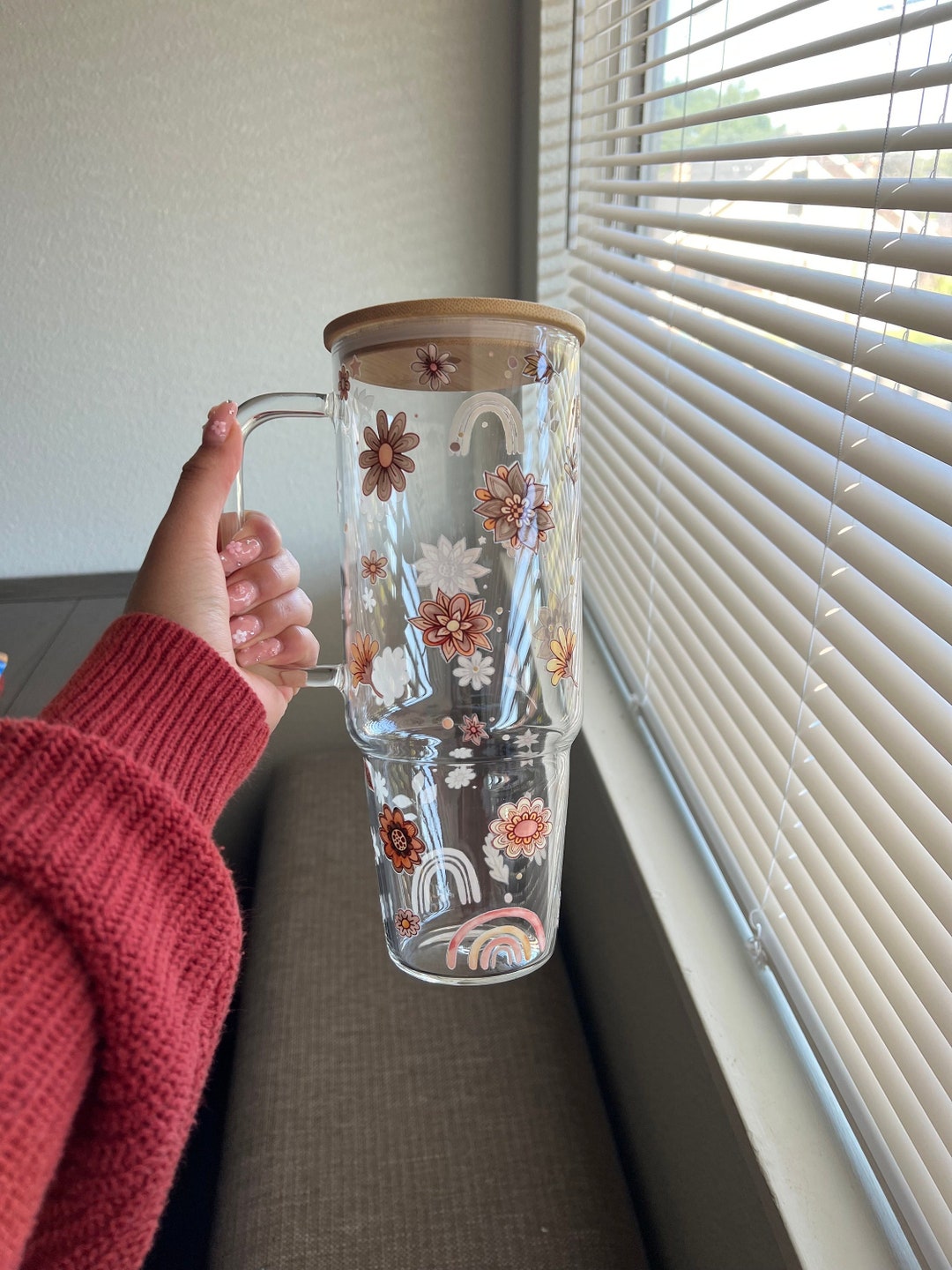 Western Floral Glass Cup, Large Glass With Handle & Lid and Straw ...