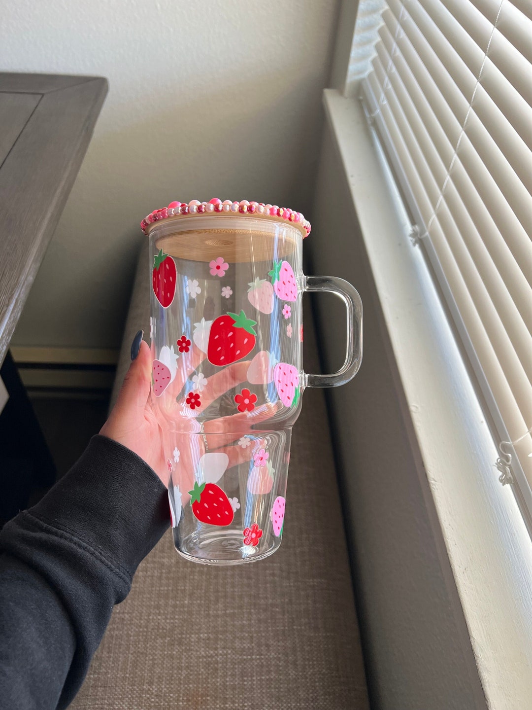 Strawberry Glass Cup, Large Glass Cup With Handle & Lid and Straw, Cute ...