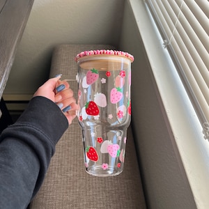 Strawberry Glass Cup, Large Glass Cup With Handle & Lid and Straw, Cute ...