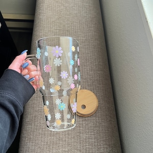 Flower Glass Cup, Large Glass With Handle, Trendy Cup With Lid and ...