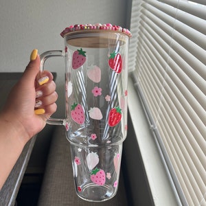 Strawberry Glass Cup, Large Glass Cup With Handle & Lid and Straw, Cute ...