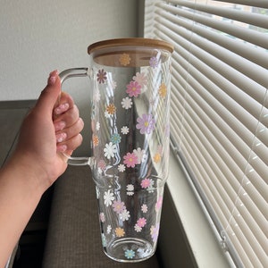 Flower Glass Cup, Large Glass With Handle, Trendy Cup With Lid and ...