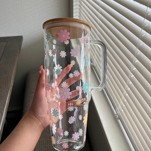 Flower Glass Cup, Large Glass With Handle, Trendy Cup With Lid and ...