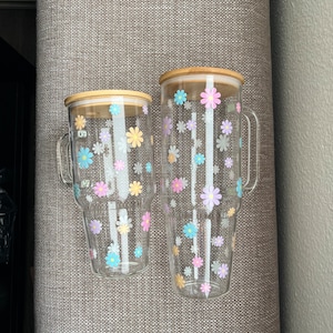 Flower Glass Cup, Large Glass With Handle, Trendy Cup With Lid and ...