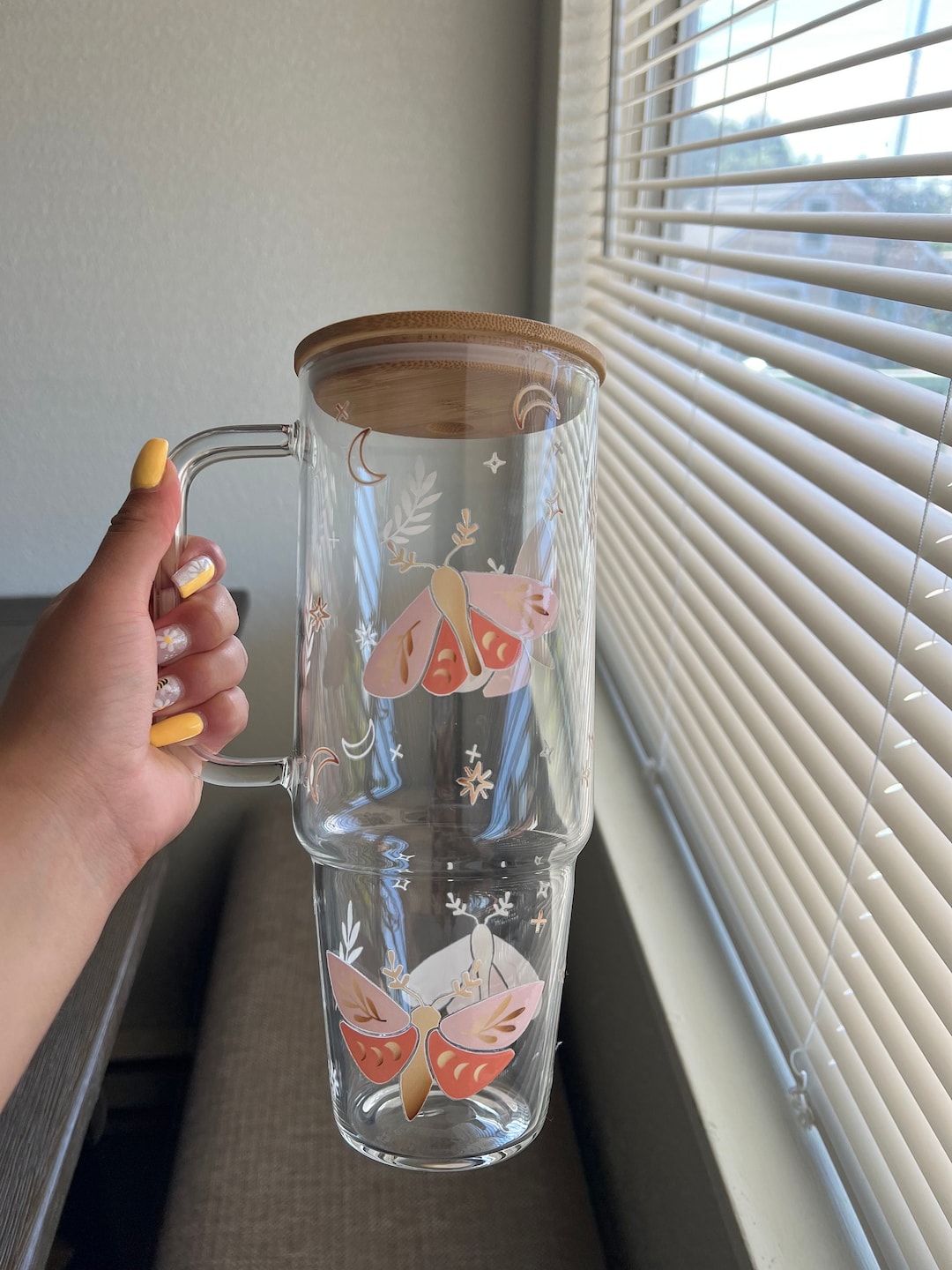 Butterfly Glass Cup, Large Glass With Handle, Summer Butterflies With ...