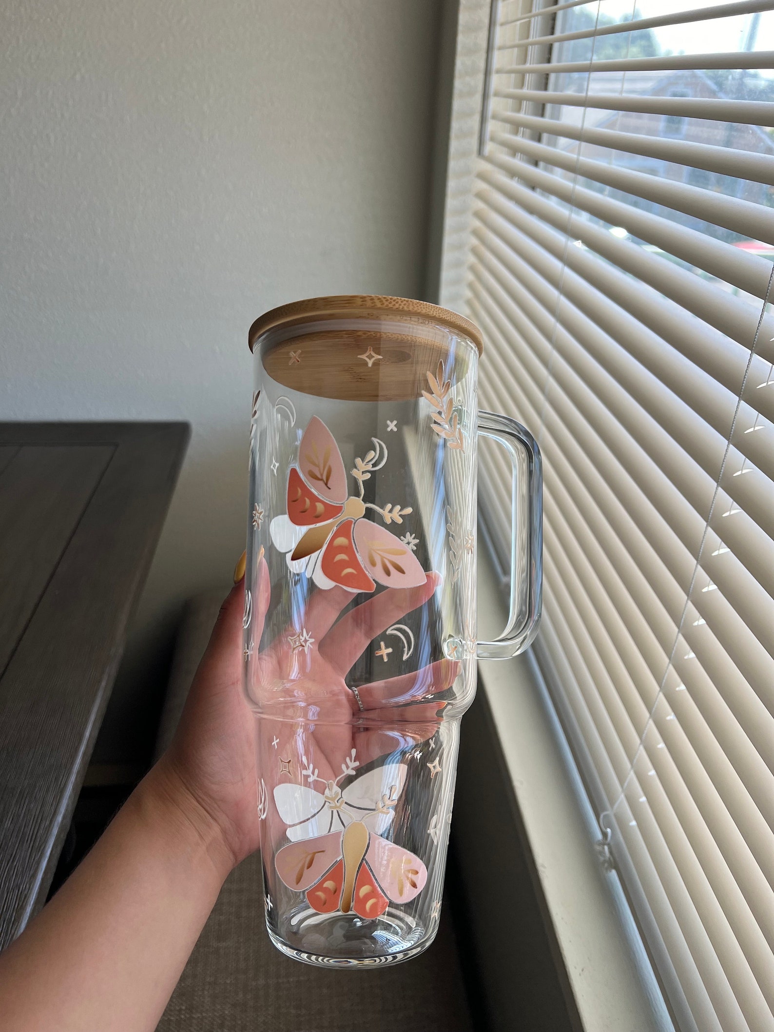 Butterfly Glass Cup, Large Glass With Handle, Summer Butterflies With ...