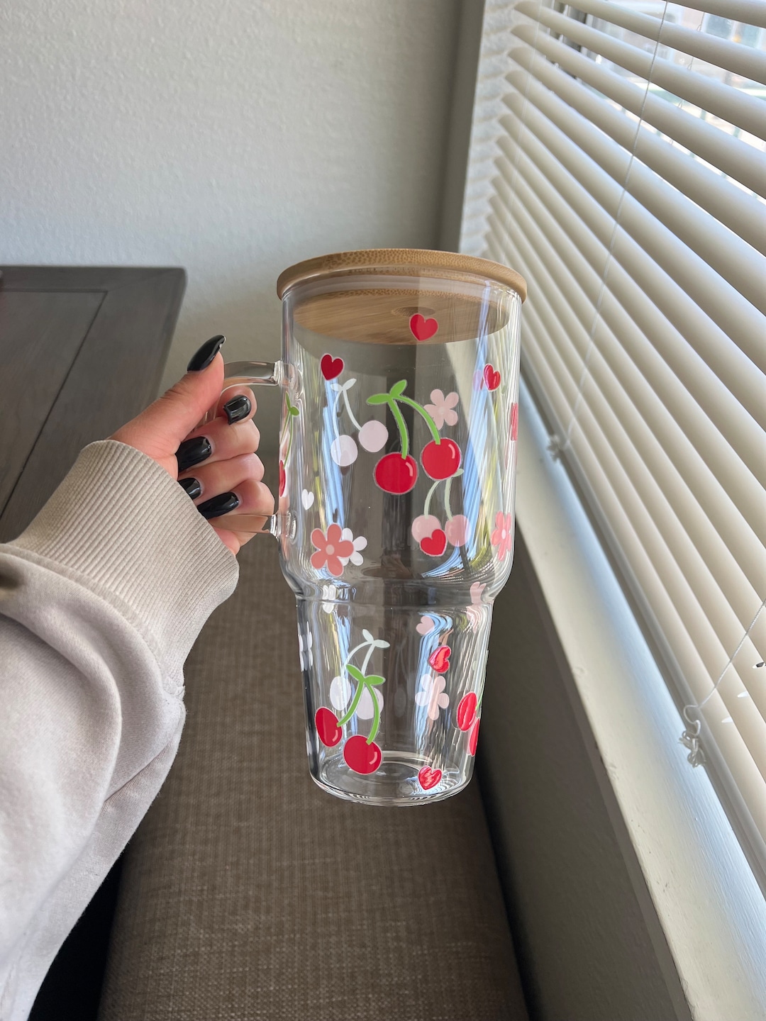 Cherry Glass Cup, Large Glass With Handle & Lid and Straw, Trendy ...